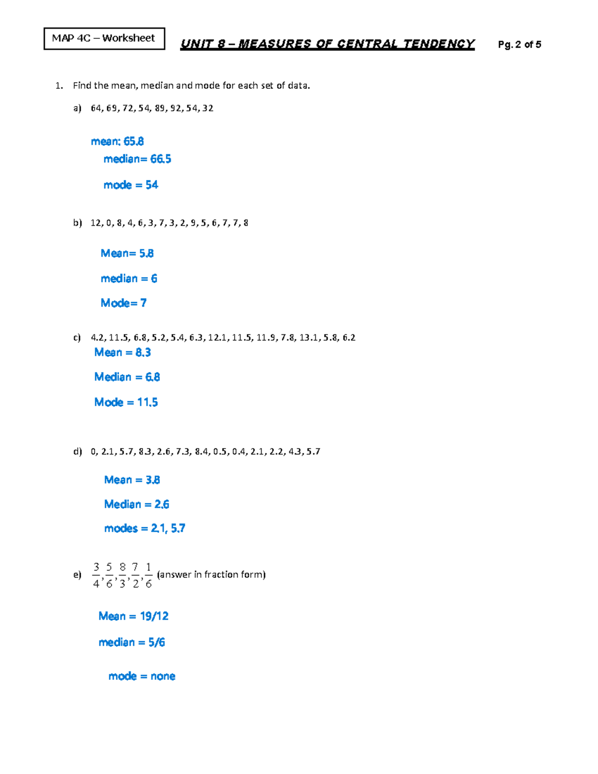 MAP 4C Unit 8: Measures of Central Tendency Worksheet - Studocu