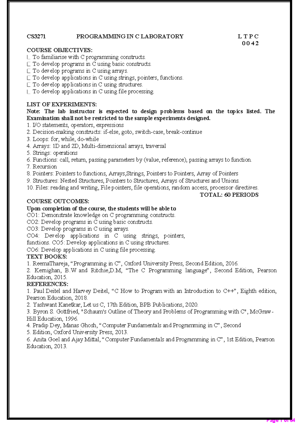 Programming in C Lab Manual - CS3271 - Comprehensive Guide - Studocu