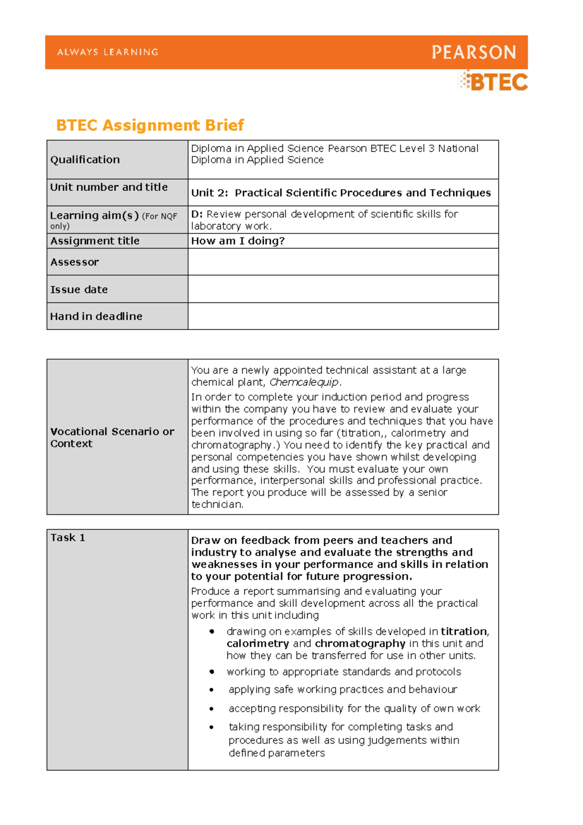 Unit 2: Self-Assessment of Practical Science Skills in Lab Work - Studocu