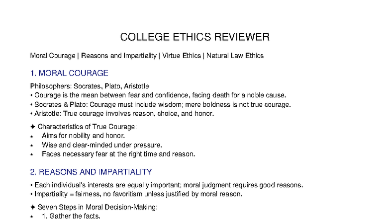 College Ethics Reviewer: Moral Courage, Virtue Ethics & Natural Law ...