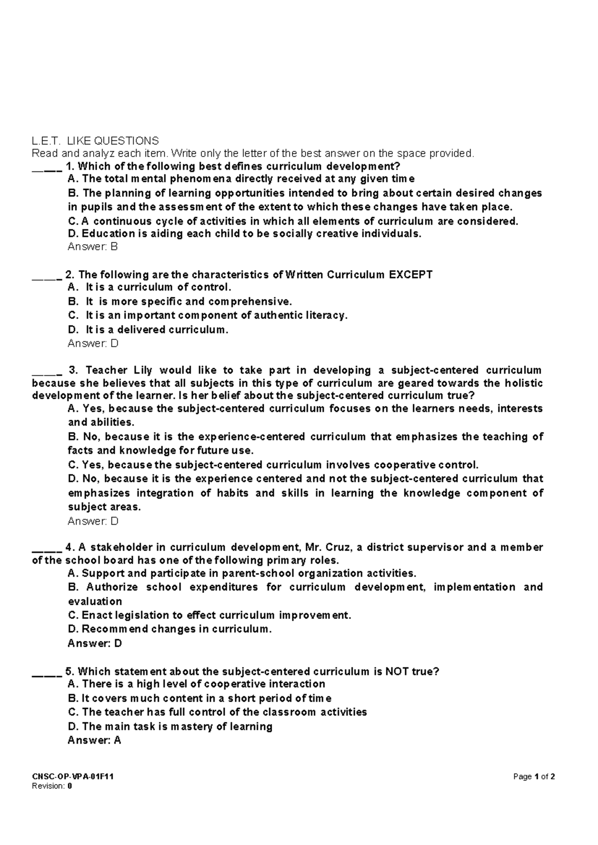 L.E.T. Curriculum Development Questions & Answers - Studocu