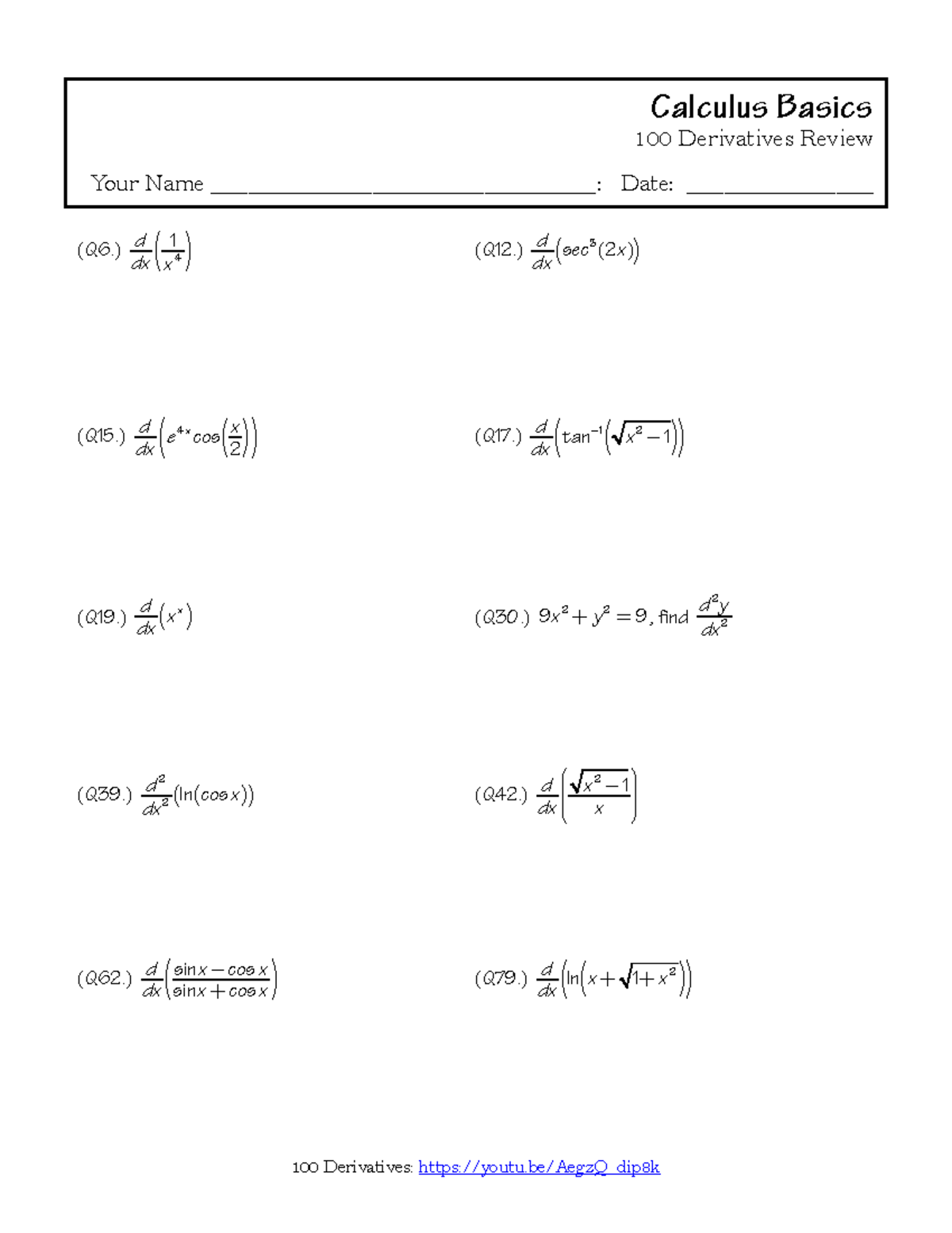 [Live] 100 Derivatives Review - Calculus Basics 100 Derivatives Review ...