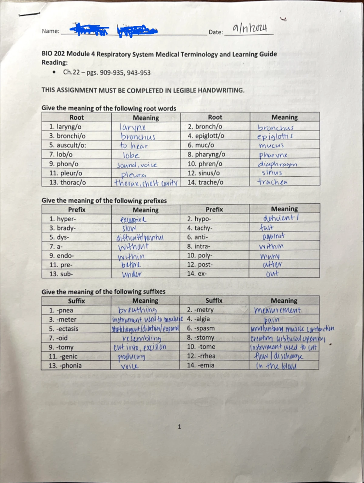 BIO 202 Module 4 Respiratory System Learning Guide and Terminology ...