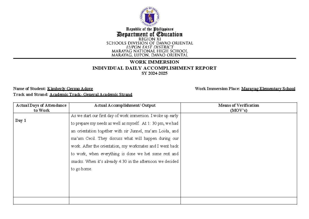 Work Immersion Accomplishment Report - Kimberly (SY 2024) - Studocu
