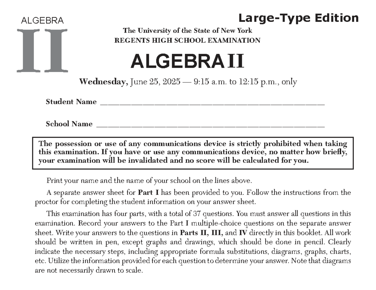 Algebra II Regents Exam - June 25, 2025 - Complete Guide - Studocu