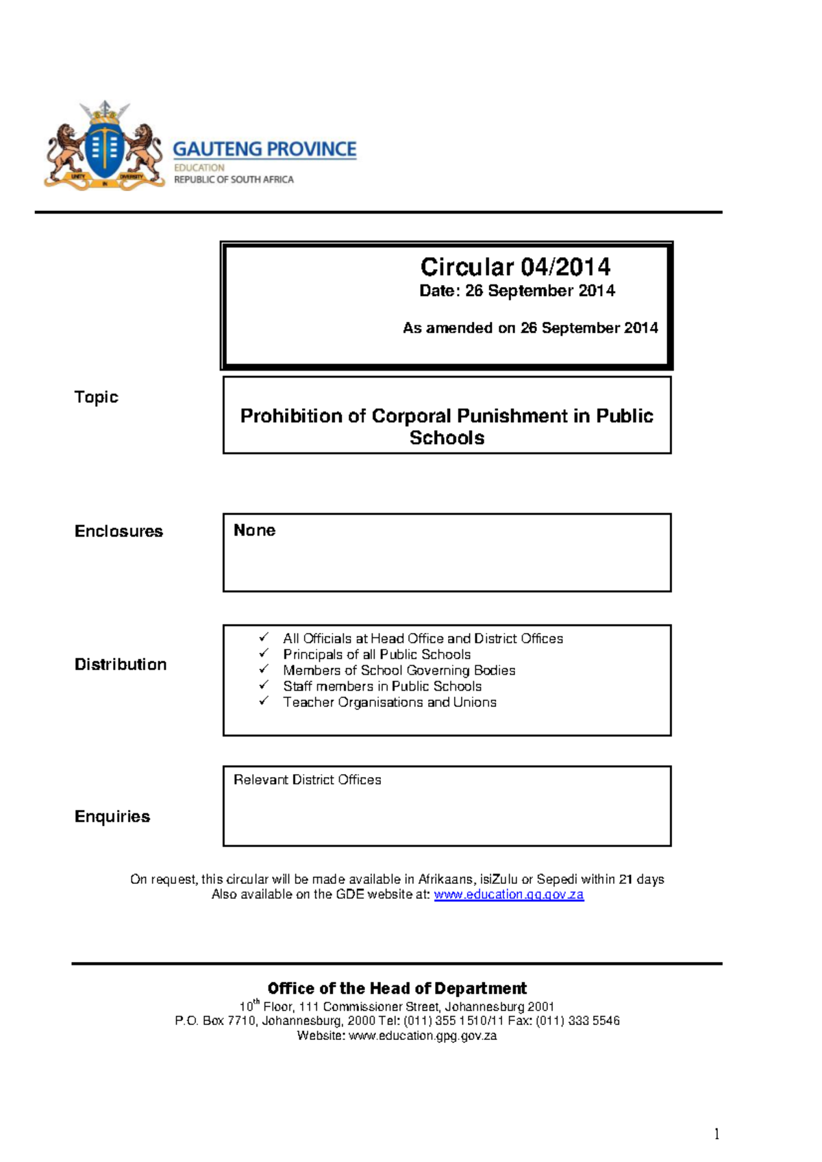 Prohibition of Corporal Punishment in Schools - GDE Circular C4/2014 - Studocu