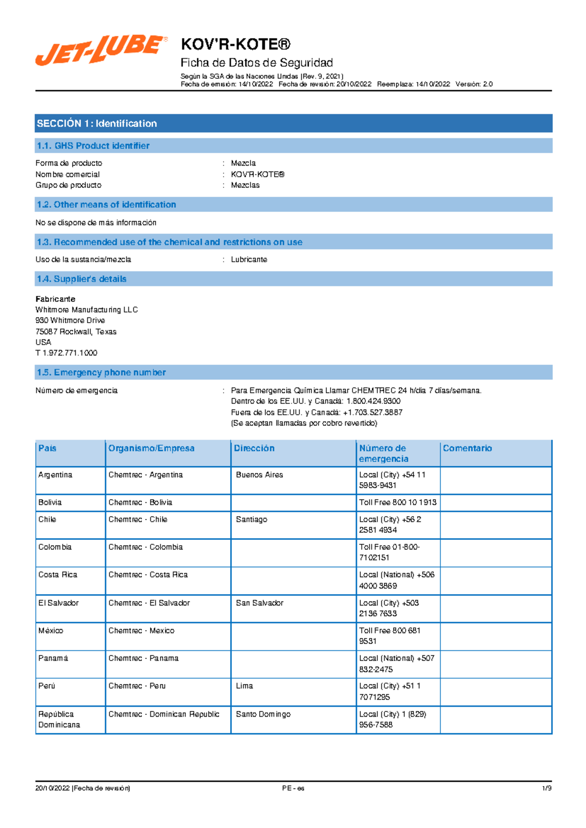 Ficha de Datos de Seguridad KOVR-KOTE (Rev. 9, 2021) - Studocu