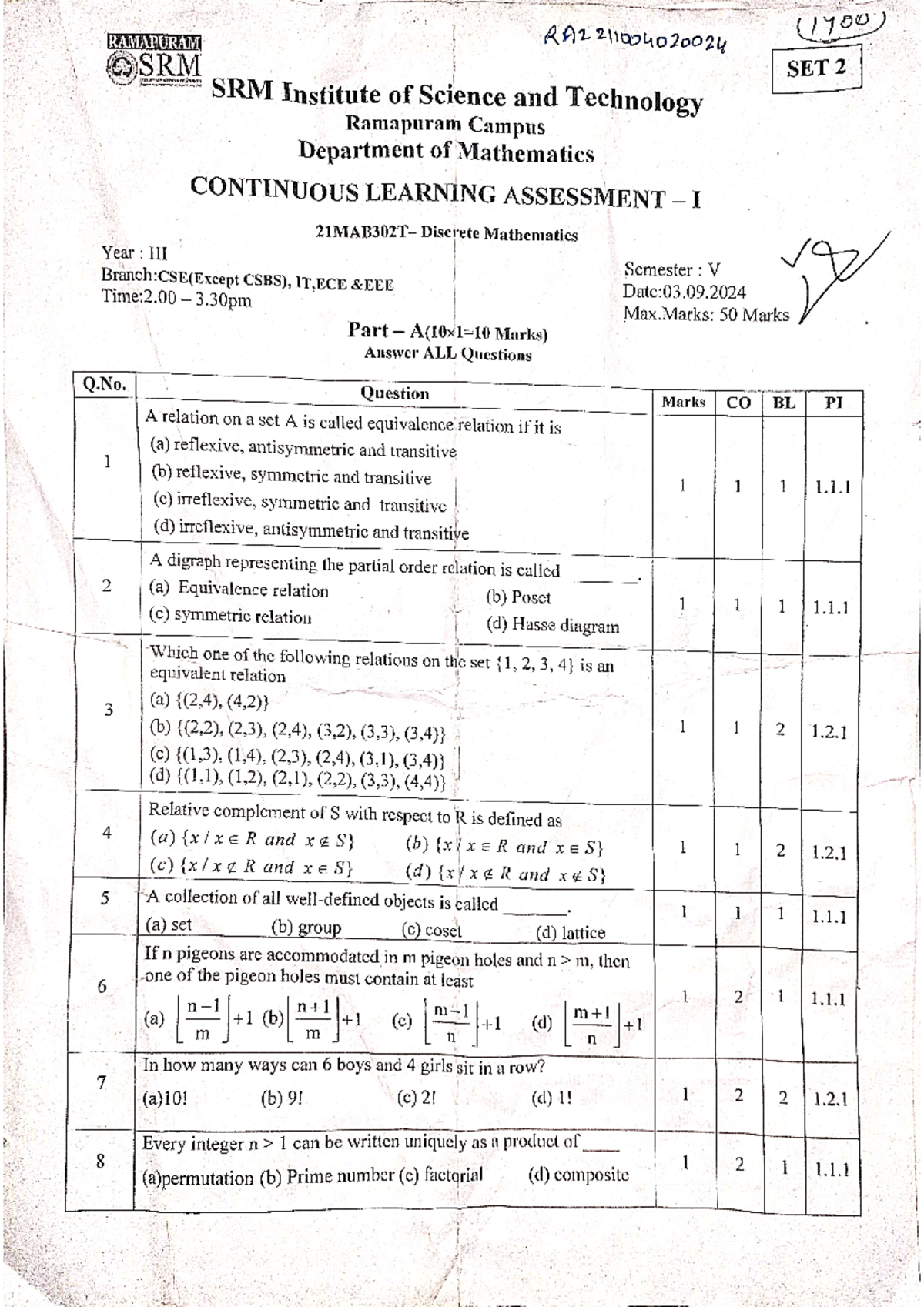 Discrete Mathematics CLA I Exam Questions - Set B RA2211004020024 - Studocu