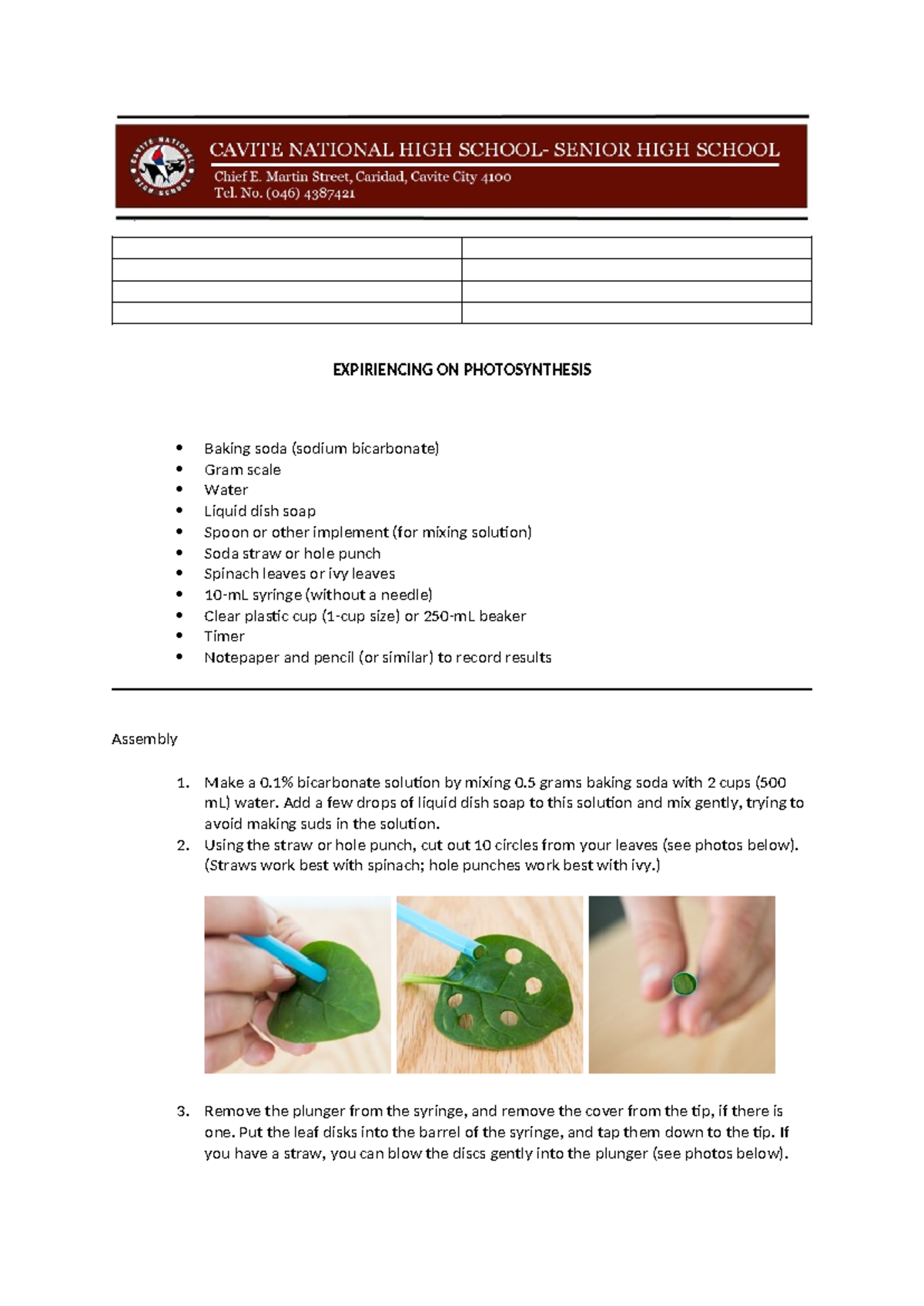 Experiencing ON Photosynthesis Lab Procedure and Results - Studocu