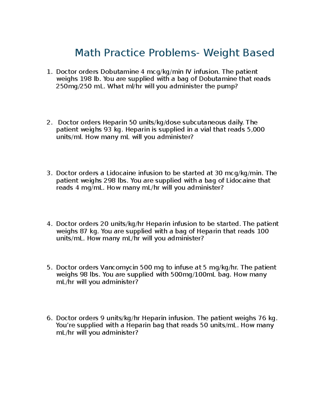 Math Practice Problems - Weight Based Calculations for Medications ...