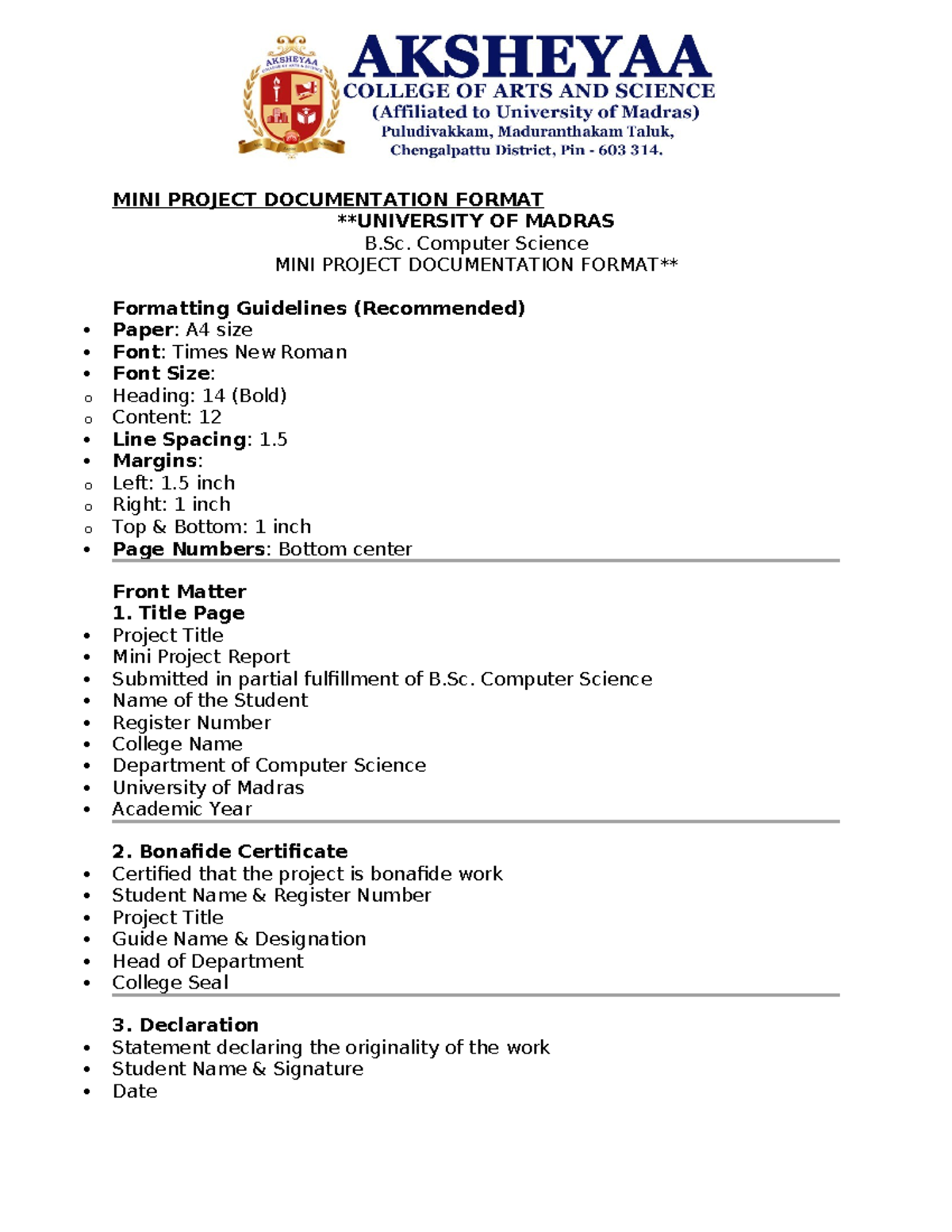 B.Sc. & M.Sc. Computer Science Mini Project Documentation Format - Studocu