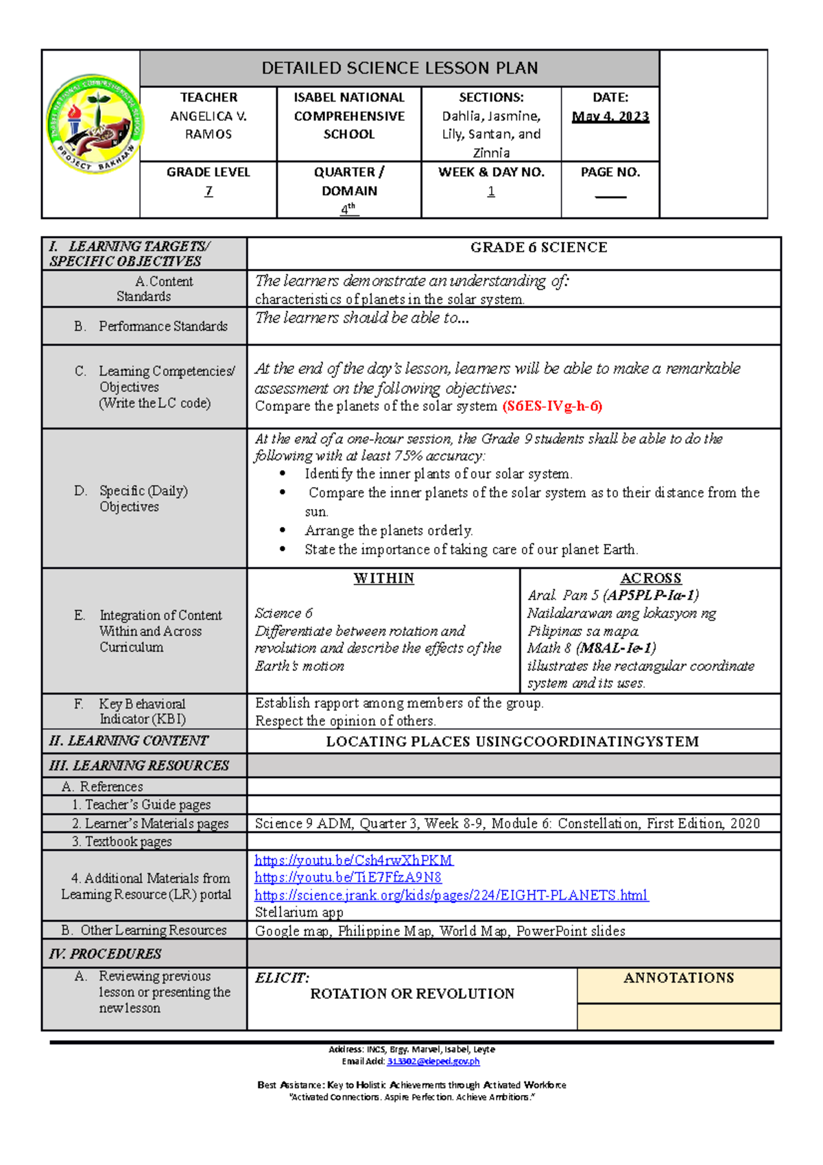 ELEM-LEC- Lesson Plan on Solar System Characteristics for Grade 7 - Studocu