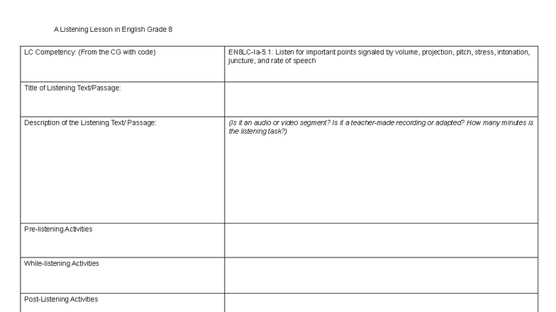 Listening Lesson Plan for Grade 8 - ELE 27 Activities & Rubrics - Studocu
