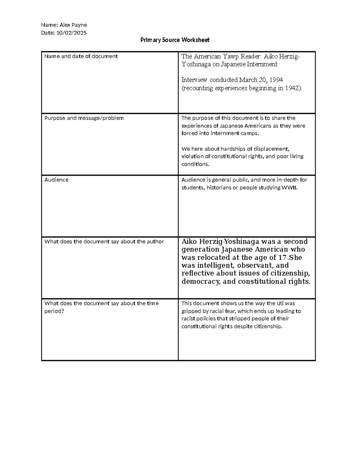 Primary Source Worksheet: Aiko Herzig-Yoshinaga on Japanese Internment ...