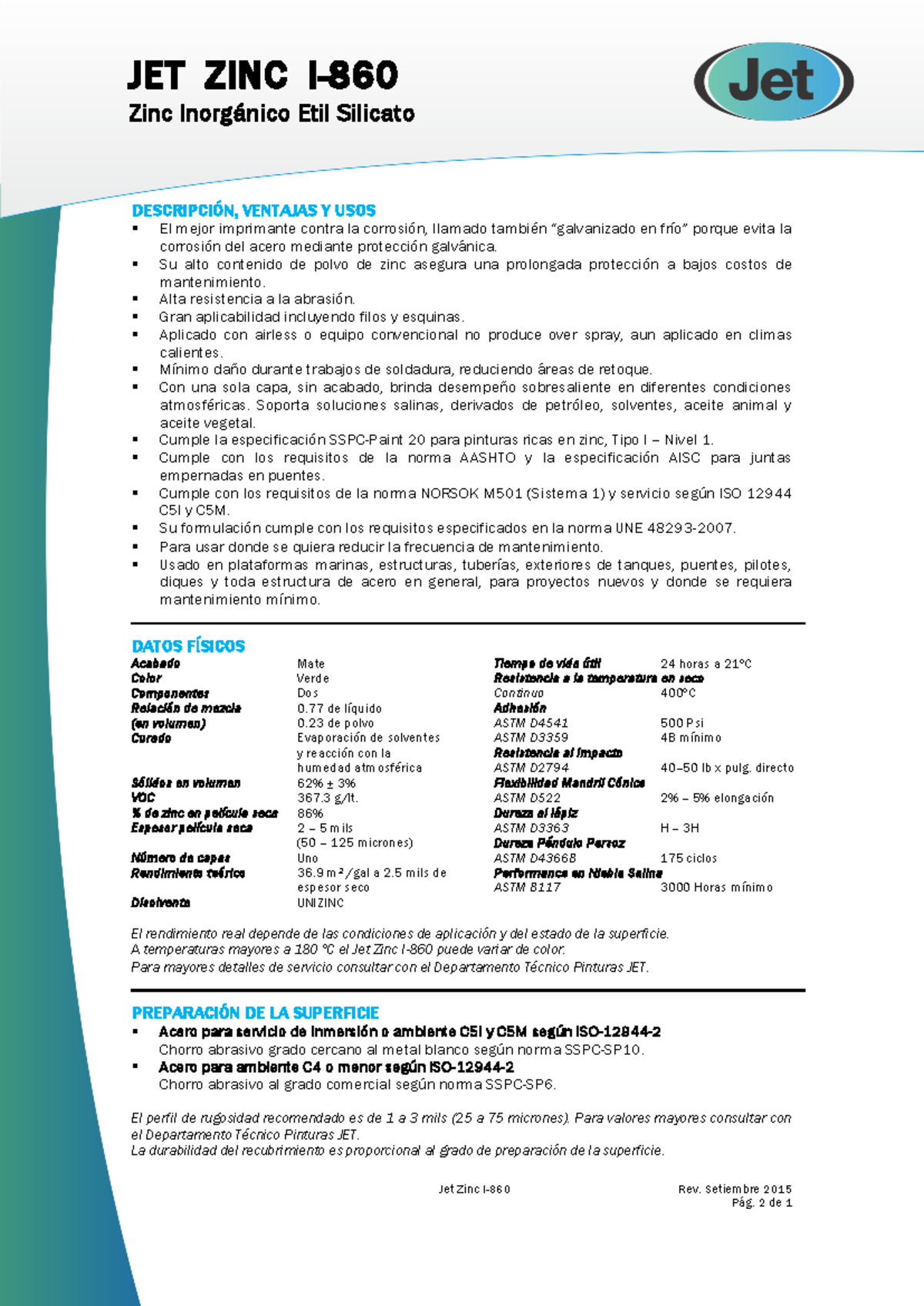 JET ZINC I-860 - Hoja Técnica de Aplicación y Composición Química - Studocu