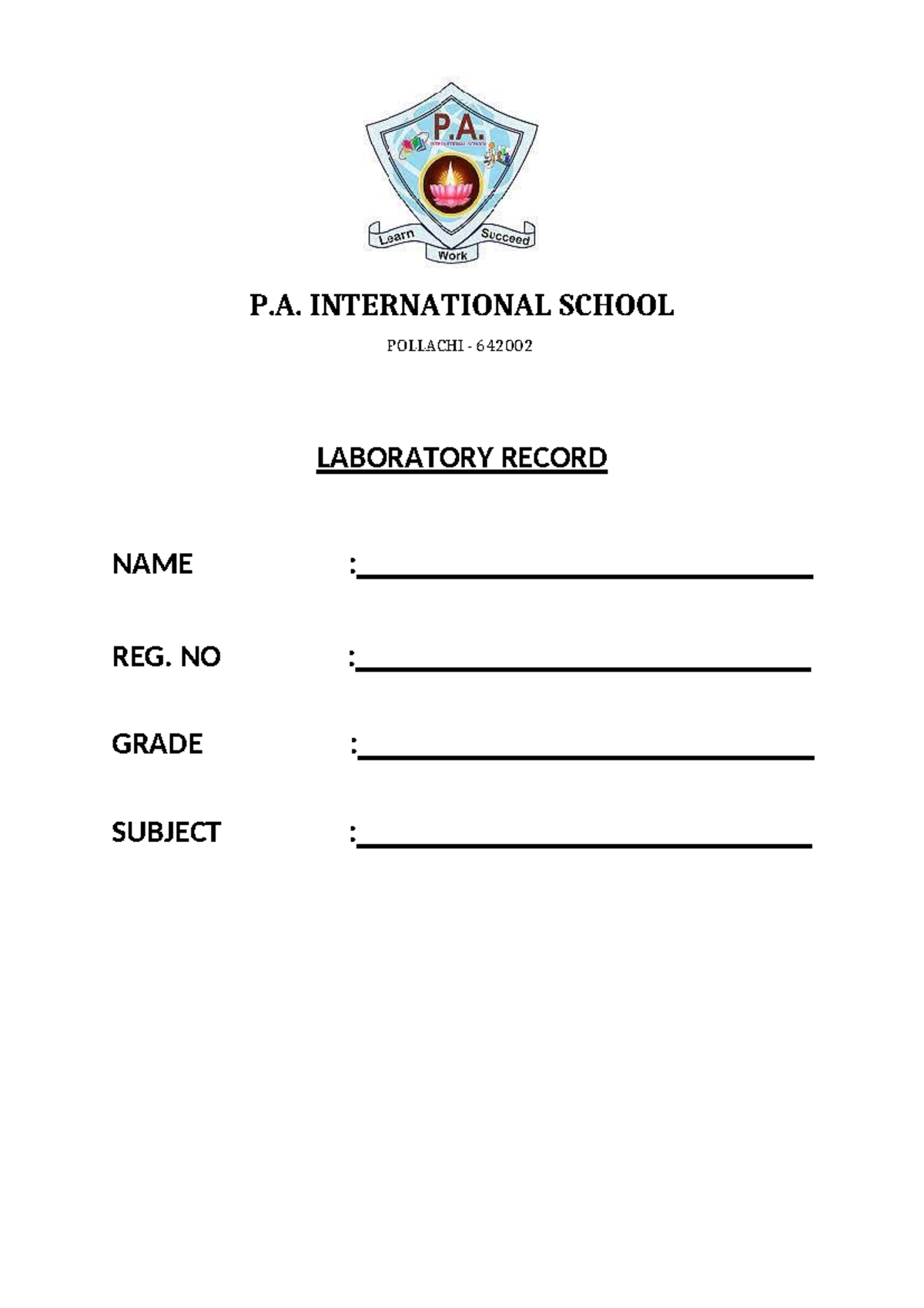 CS record - nil - P. INTERNATIONAL SCHOOL POLLACHI - 642002 LABORATORY ...