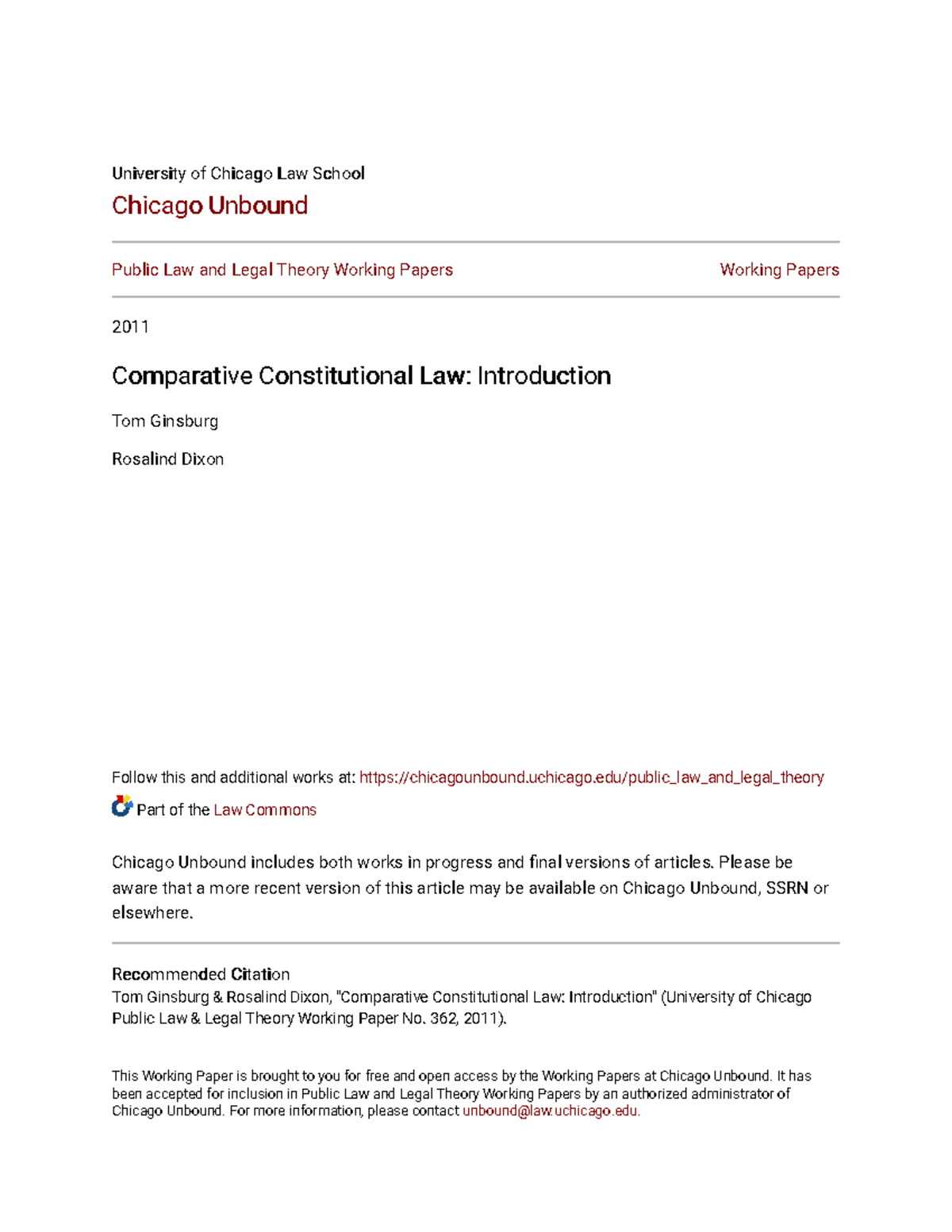 Comparative Constitutional Law: An Introduction (UChicago Law Working ...