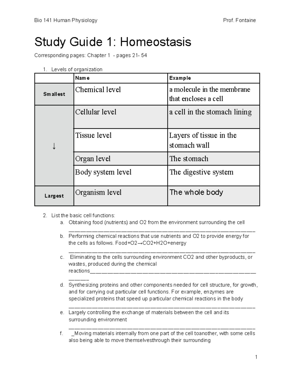 Bio 141 Human Physiology Study Guide 1: Homeostasis Overview - Studocu