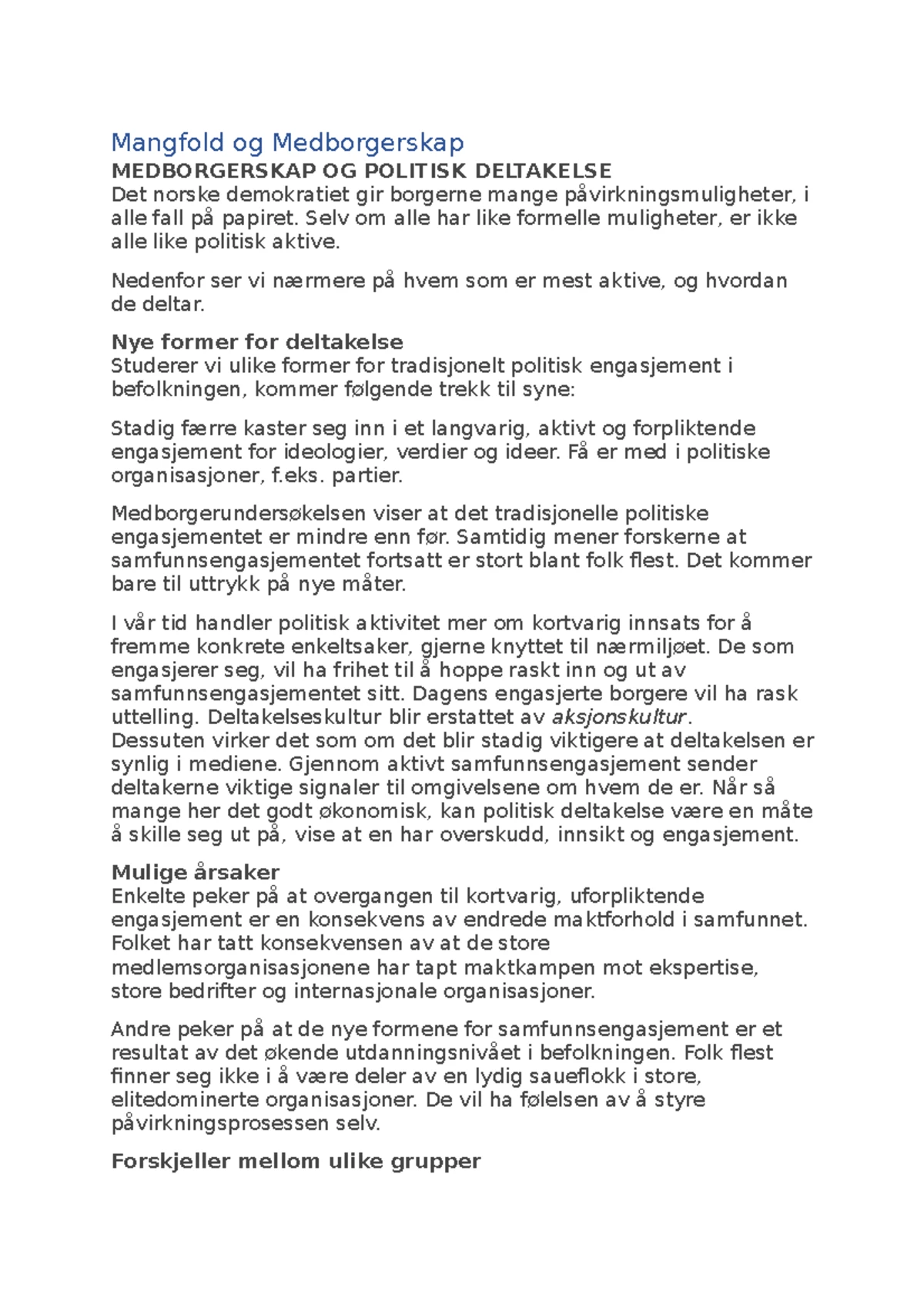 1.2 Hva er Demokrati? En Oppsummering av Begrepet og Historien - Studocu