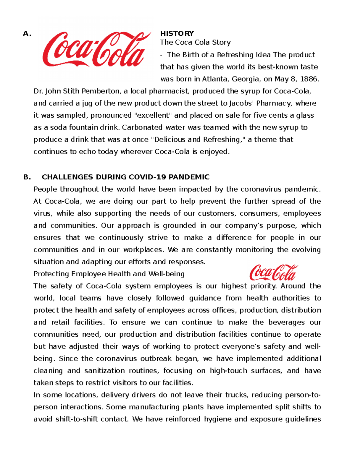 History of Coca-Cola & Its Impact During COVID-19 Challenges - Studocu