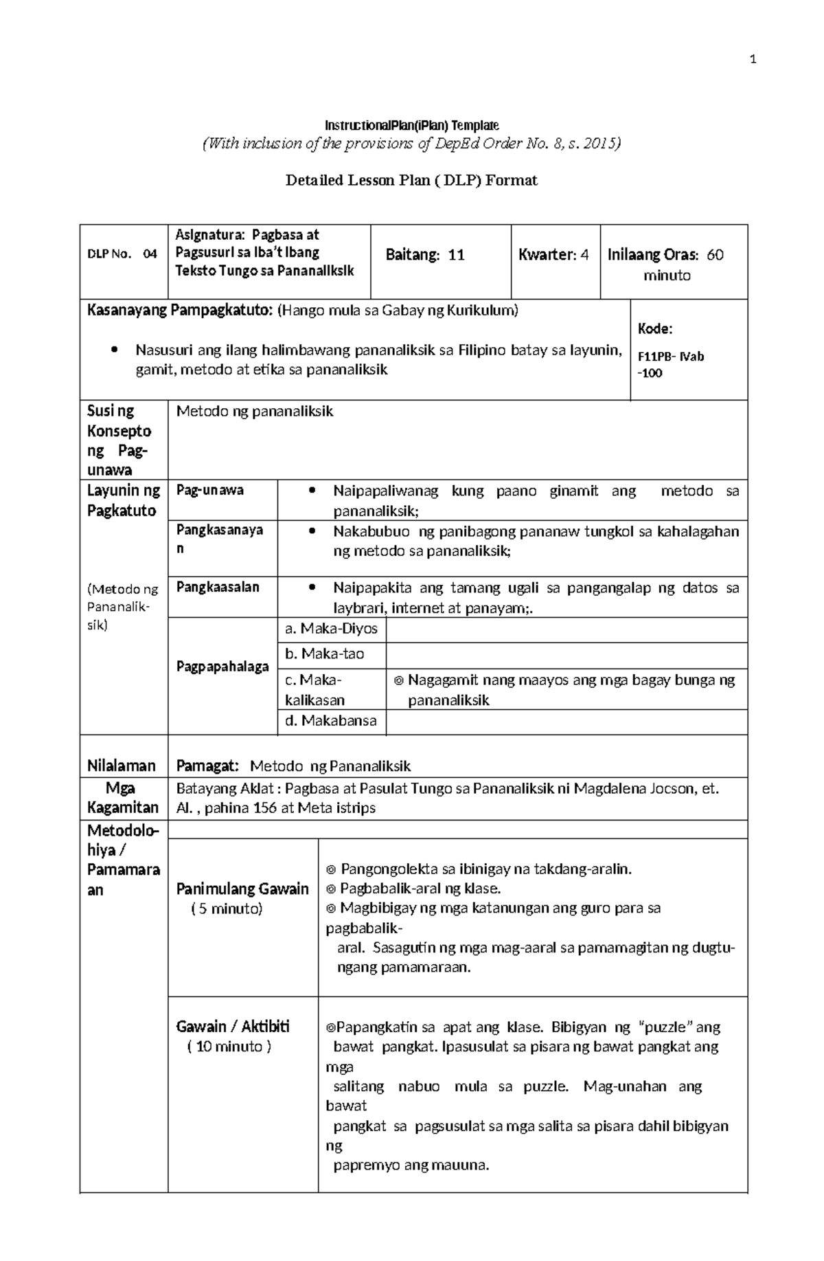 DLP NO 4 - English 10 - 1 InstructionalPlan(iPlan) Template (With inclusion of the provisions of ...