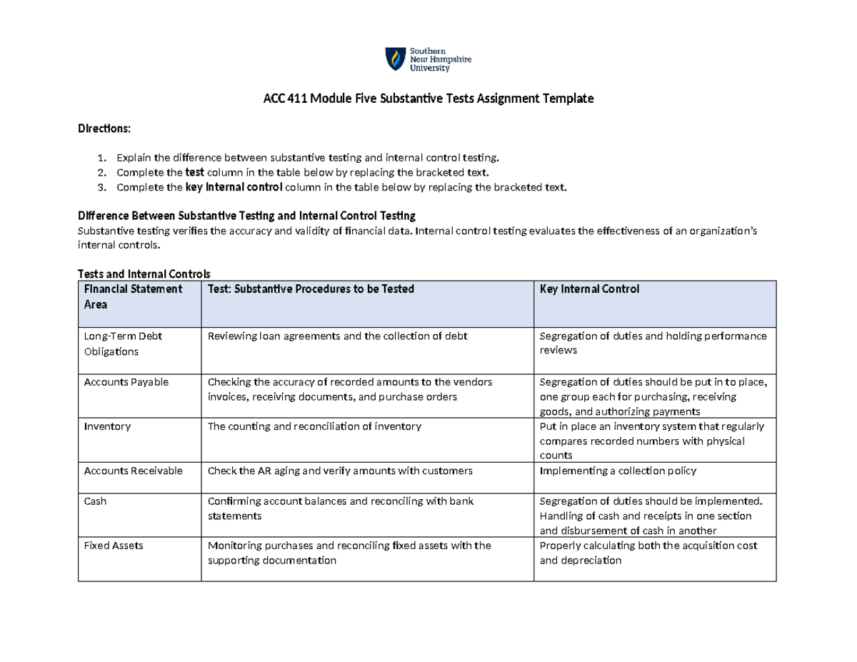 ACC 411 Module 5 Substantive vs. Internal Control Testing Guide - Studocu