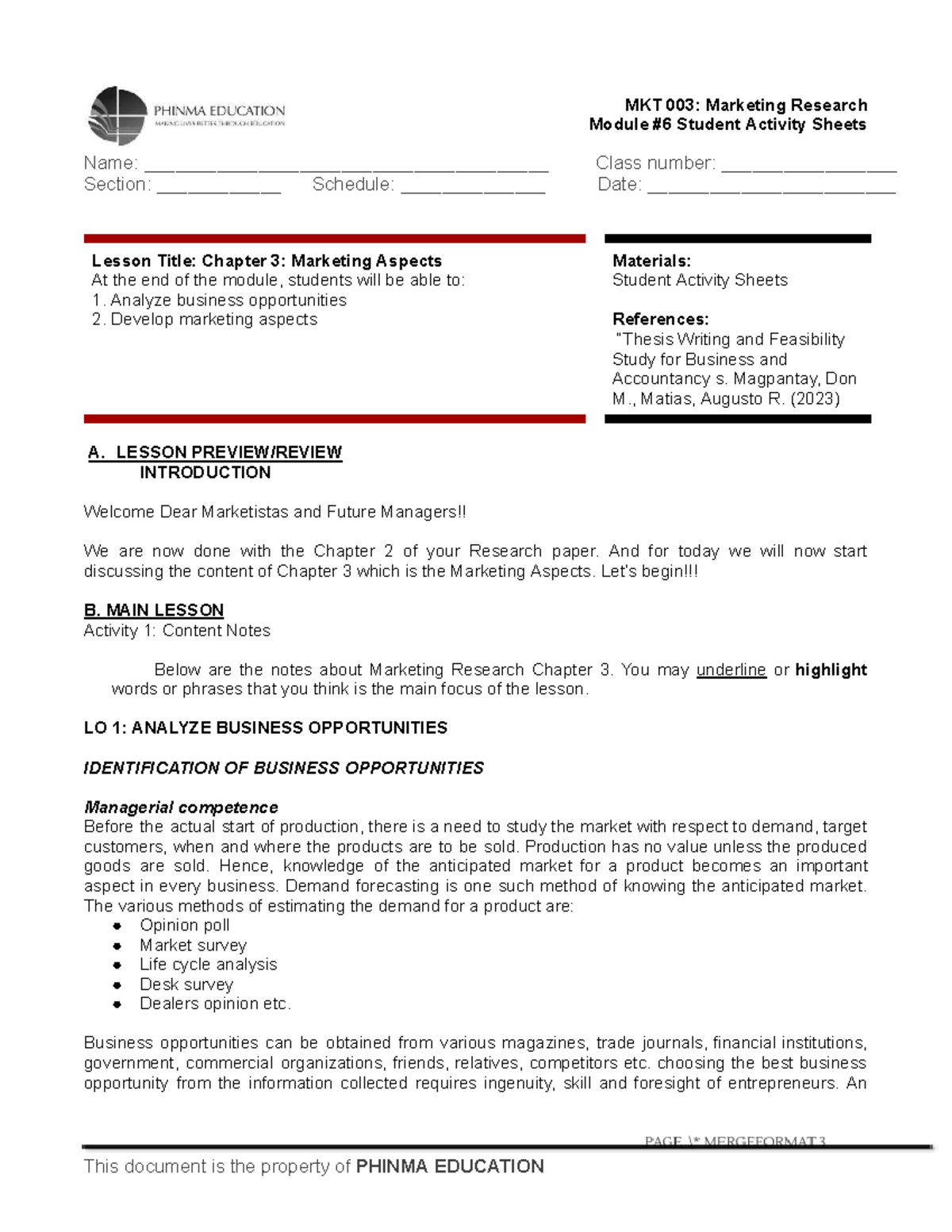 MKT 003: Lesson Activity Sheets for Chapter 3 - Marketing Aspects - Studocu