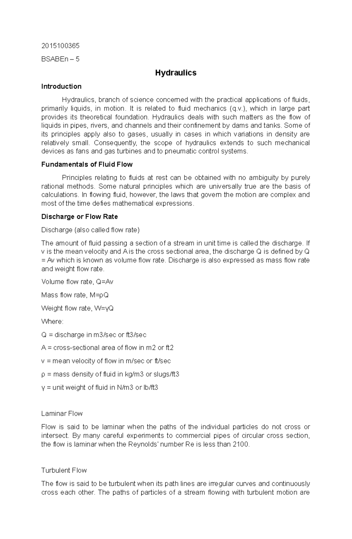 Hydraulics Lab Fundamentals - BSABEn 5 Study Guide - Studocu