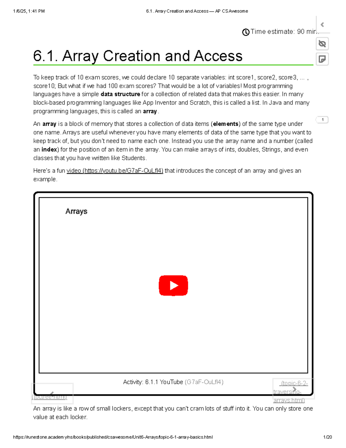 6.1 - Lesson Notes - fhjgfjh - ####### Time estimate: 90 min. 6. Array ...