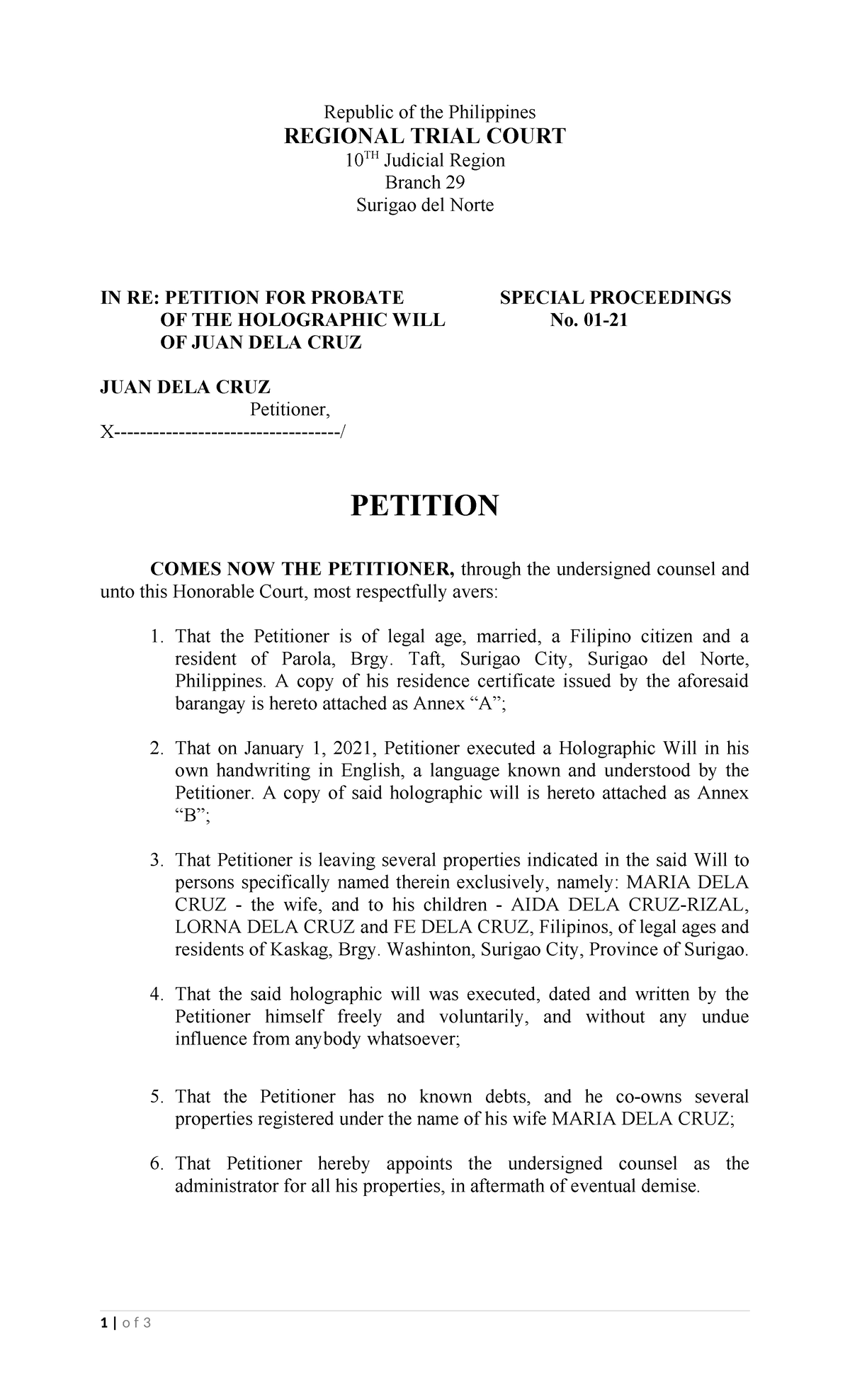 Petition for Probate of Holographic Will No. 01-2021 - Studocu
