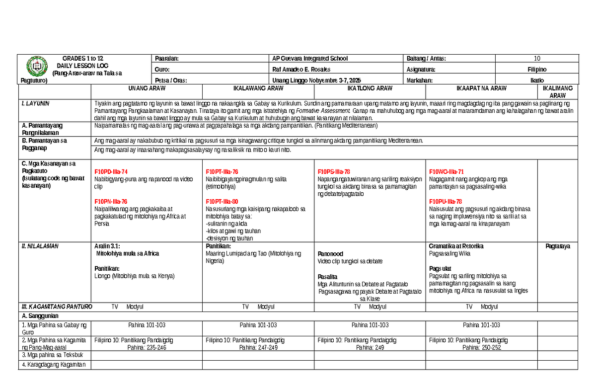 Q3W1 - Daily Lesson Log for Grades 1 to 12 in Filipino - Studocu