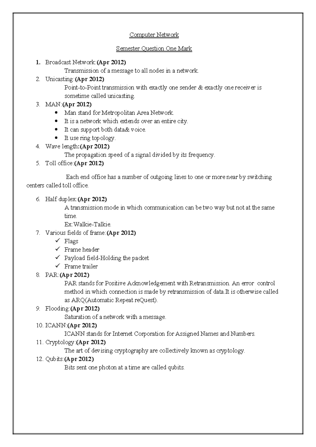 Computer Networks: One Mark Questions and Key Concepts - Studocu
