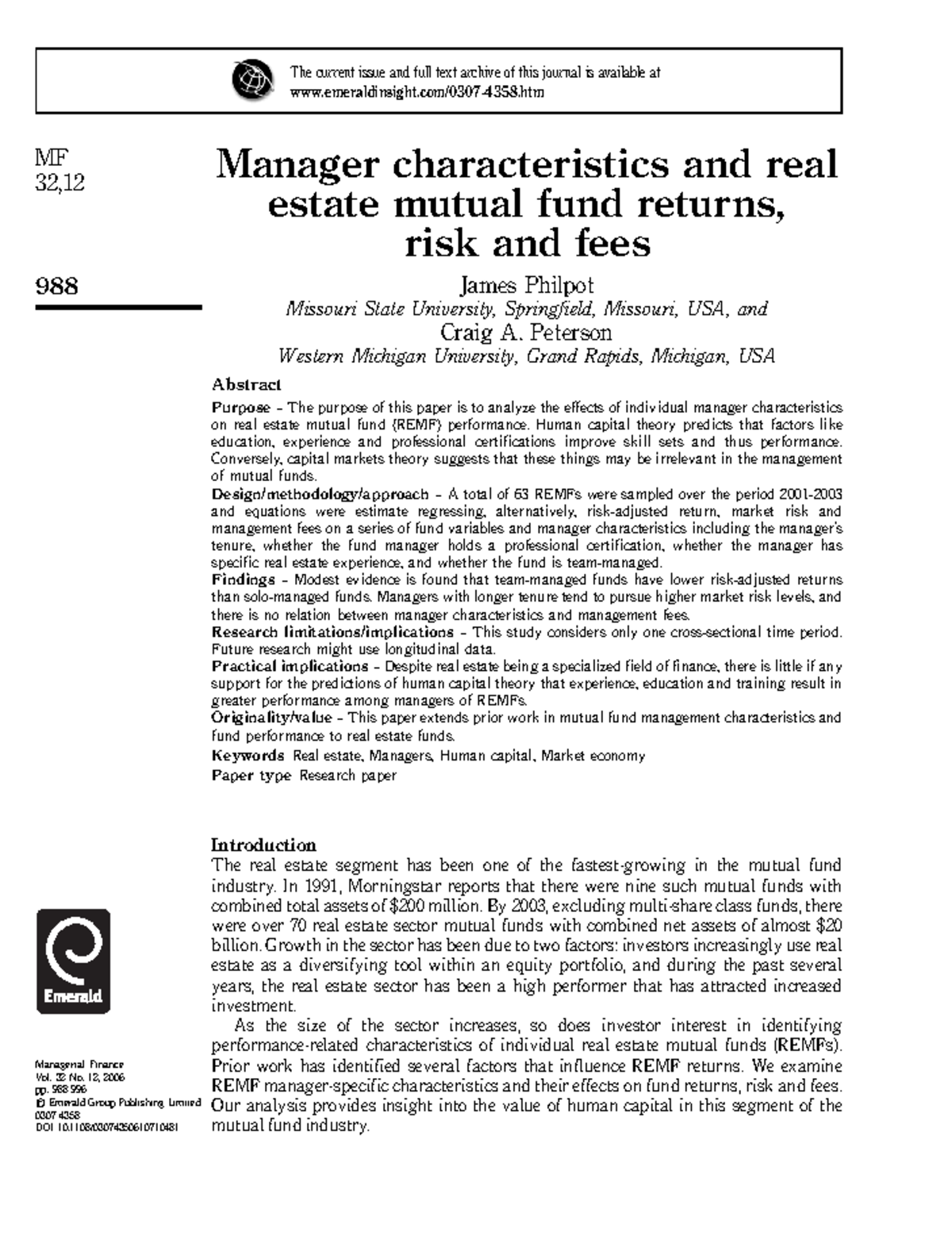 Manager Characteristics Impacting REMF Performance - RES621 Study - Studocu
