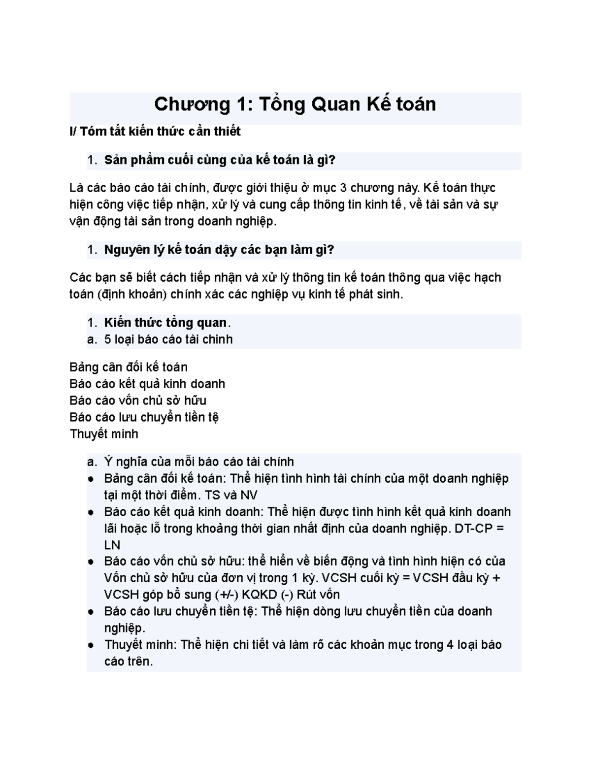 TỔNG HỢP Nguyên lý kế toán cơ bản (OTSV) - Chương 1: Tổng quan Kế toán - Studocu