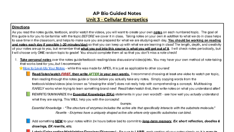 AP Bio Unit 3 Guided Notes: Cellular Energetics Review - Studocu