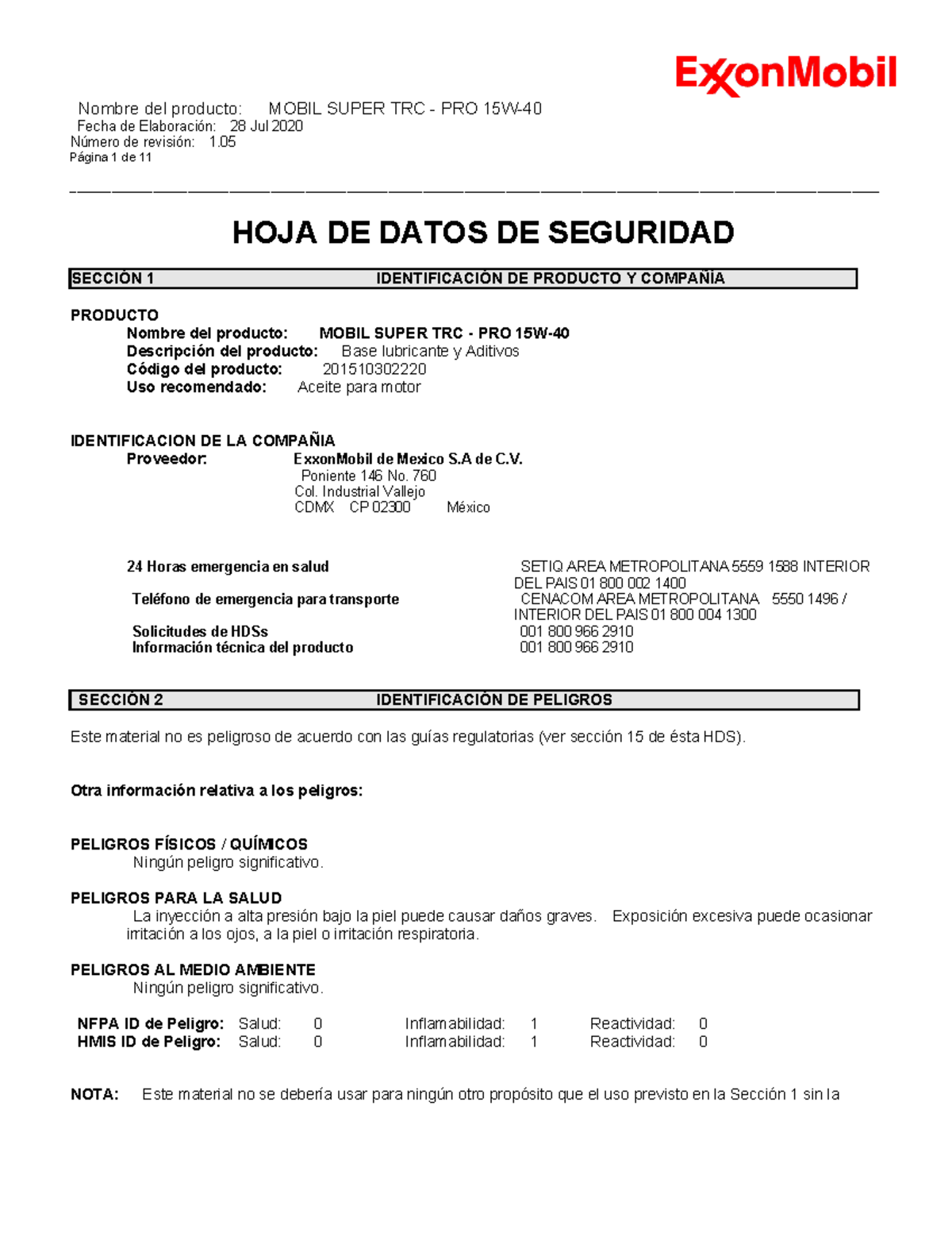 Hoja de Datos de Seguridad: Mobil Super TRC PRO 15W-40 - Studocu