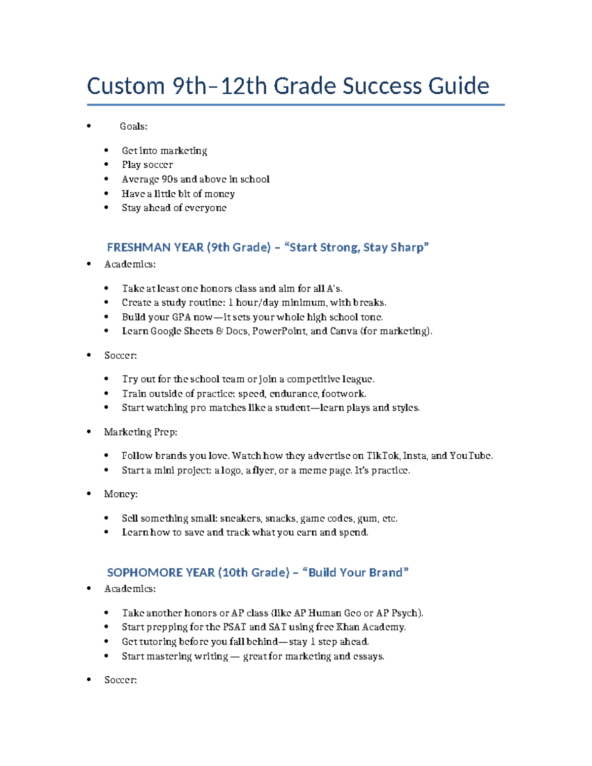 Custom 9-12 Grade Success Guide: Marketing & Soccer Goals - Studocu