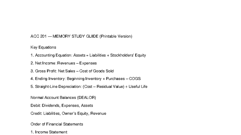 ACC 201 - Comprehensive Memory Study Guide for Key Accounting Concepts ...