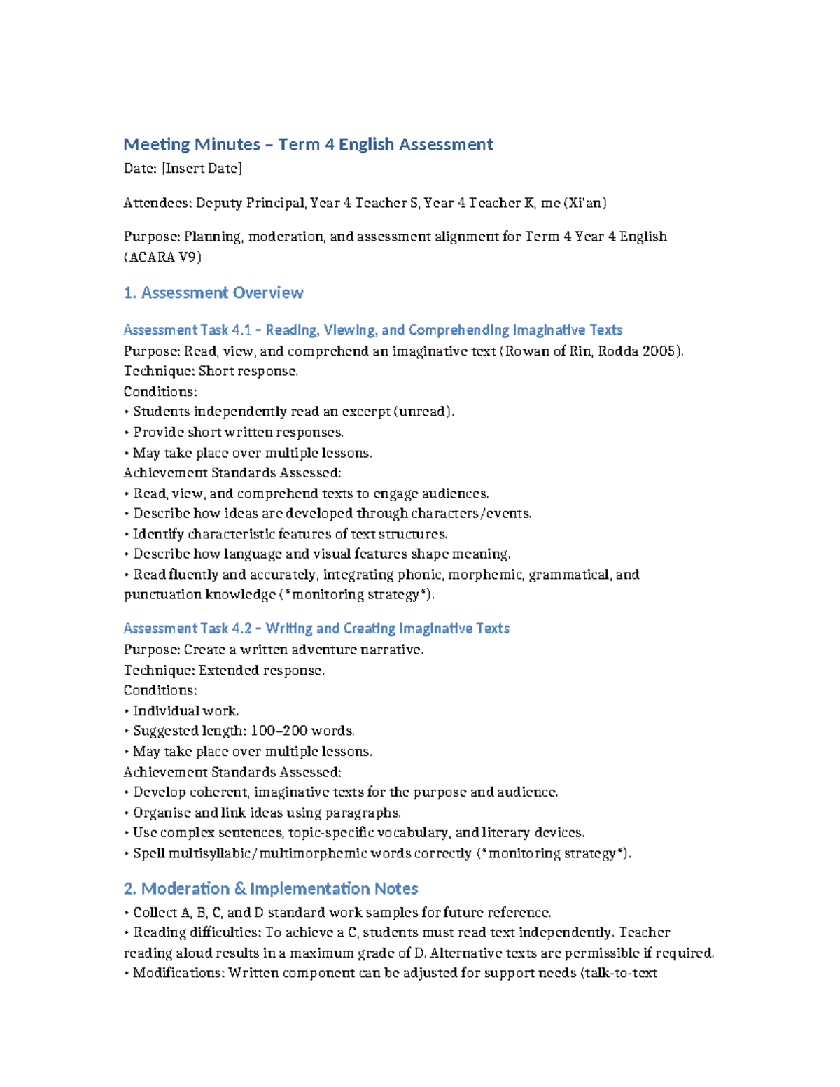 Term 4 English Assessment Meeting Minutes (ACARA V9) - Studocu