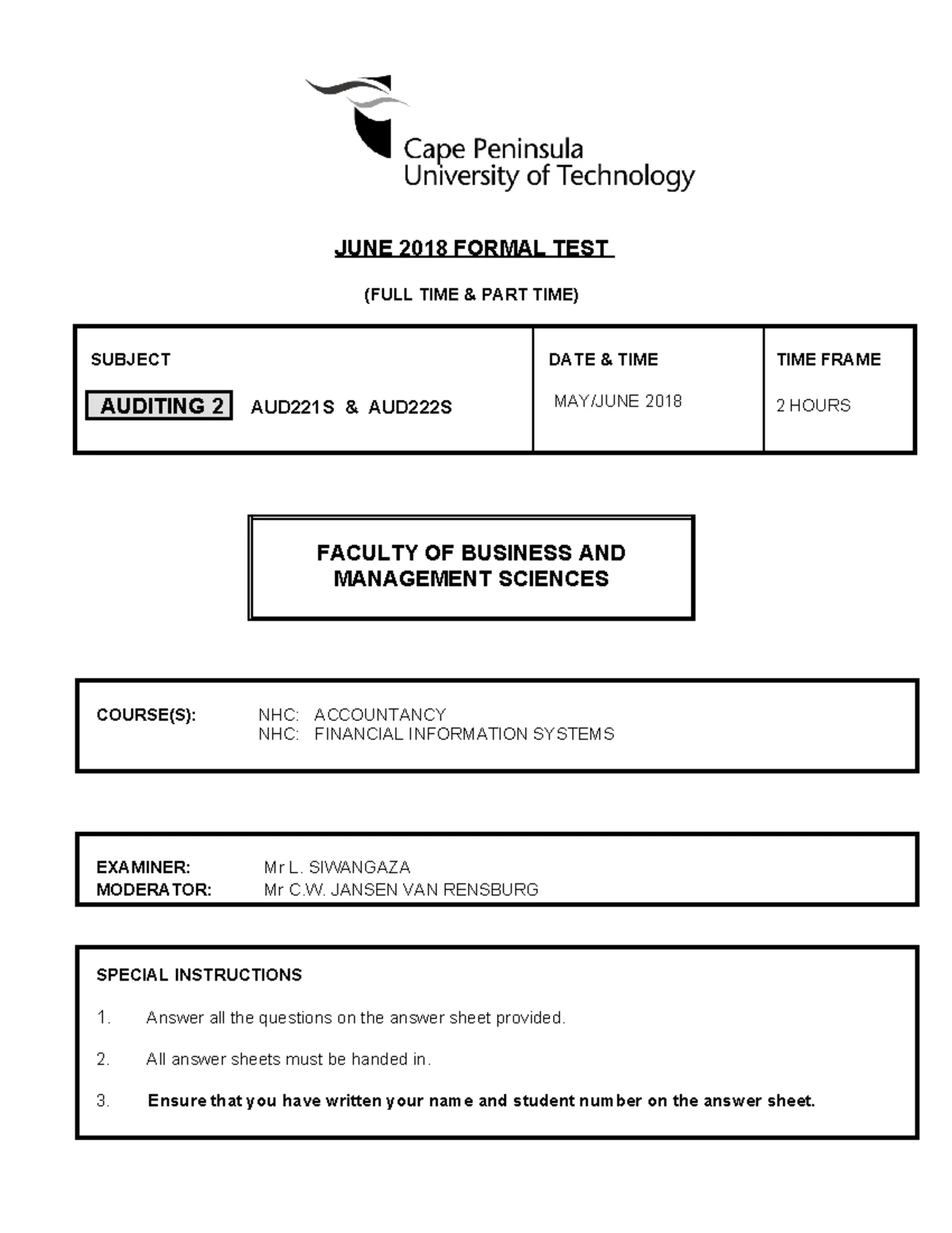 AUDITING 2 JUNE 2018 FORMAL TEST - QUESTIONS & MEMO - Studocu