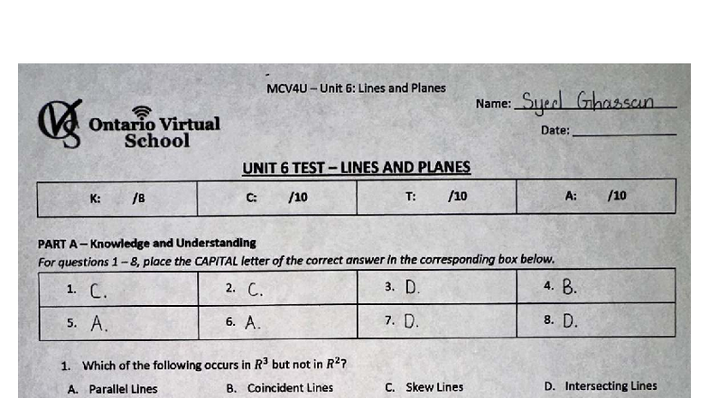 MCV4U Unit 6 Test: Lines and Planes - Exam Review Notes - Studocu
