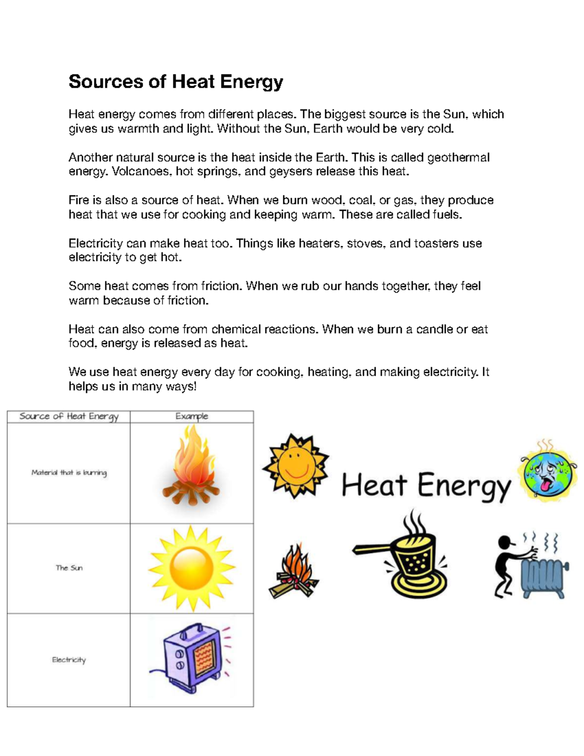 Sources Of Heat Worksheet