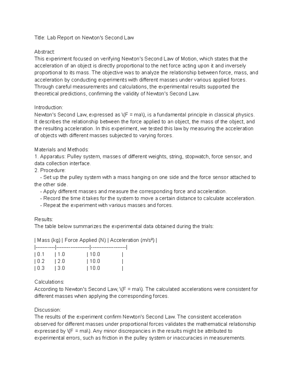 Lab Report on Newton's Second Law of Motion - Physics 101 - Studocu
