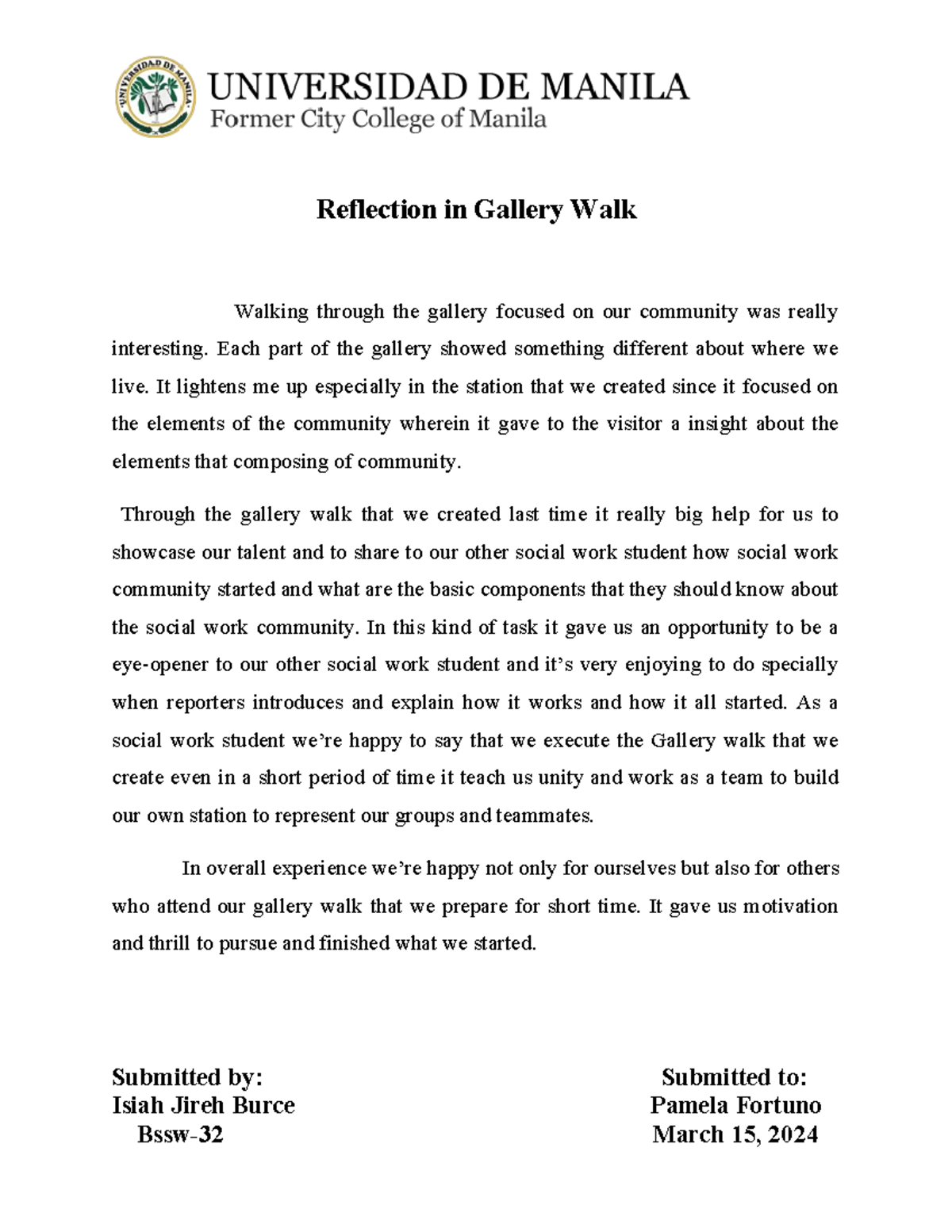 Reflection on Community Elements in Gallery Walk - BSSW-32 - Studocu