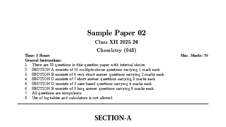 Sample Paper 02 Class XII Chemistry (043) - Essential for Board Exam ...