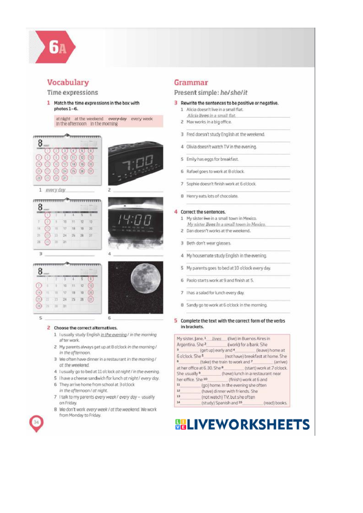 6A Vocabulary Grammar: Time Expressions & Present Simple Worksheet - Studocu