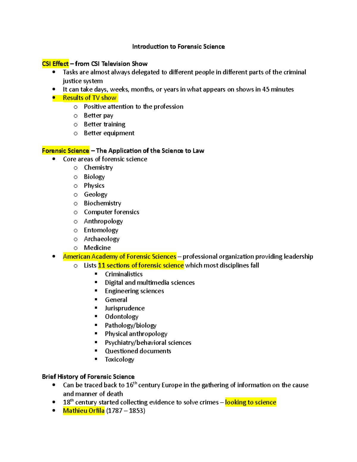 Introduction to Forensic Science (Exam 1 Material) - Introduction to ...