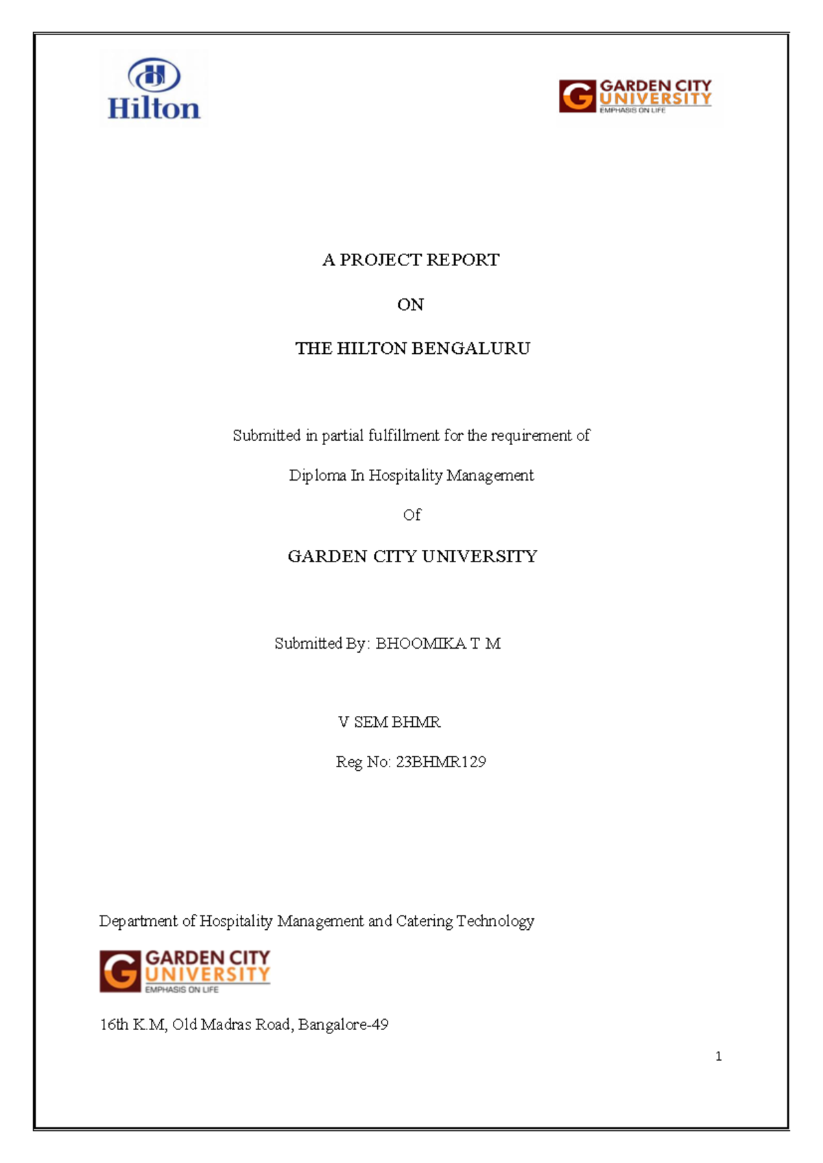 Operational Aspects of Hilton Bengaluru - Project Report for BHM - Studocu