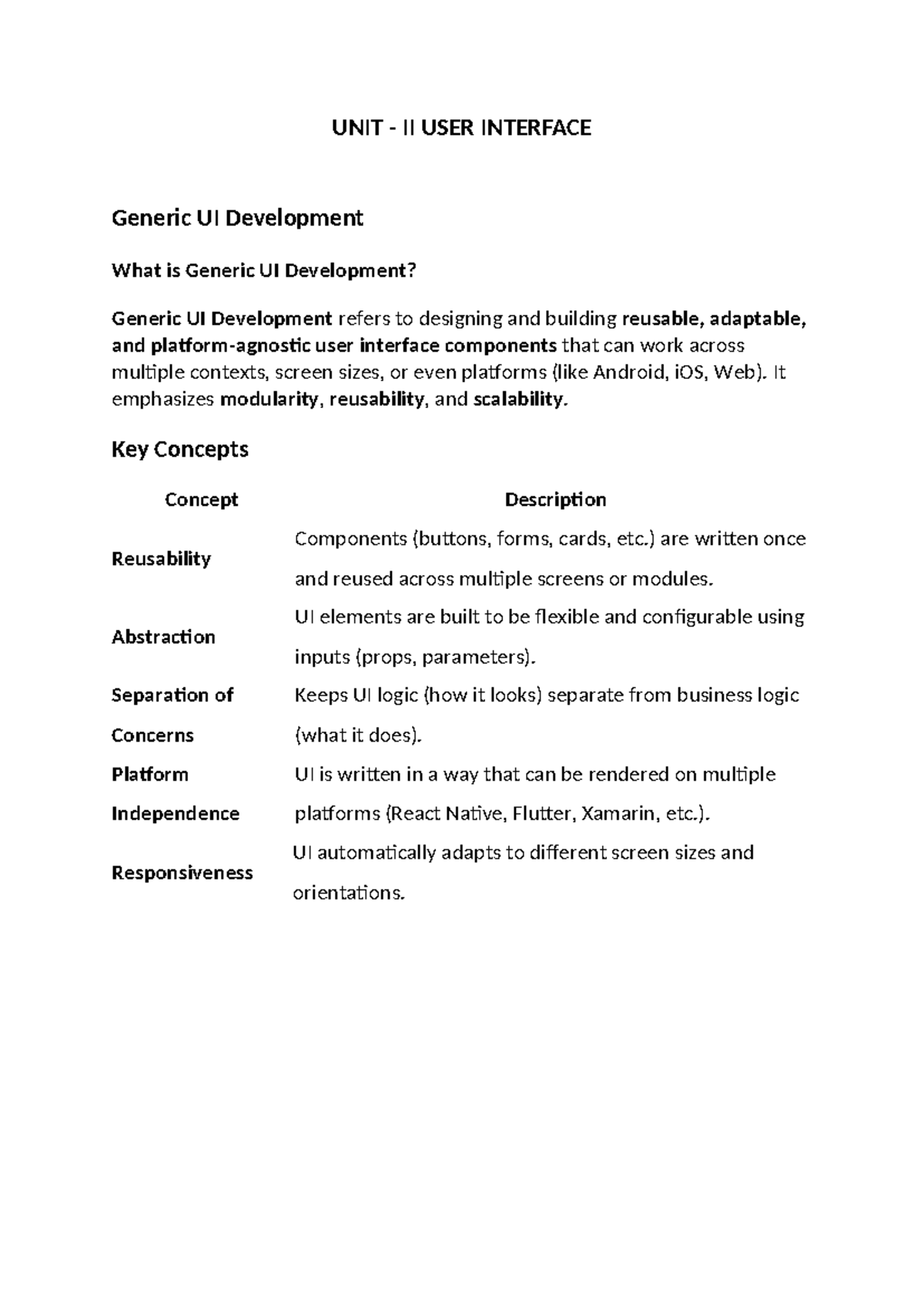 UNIT II USER INTERFACE - Generic UI Development Notes - Studocu