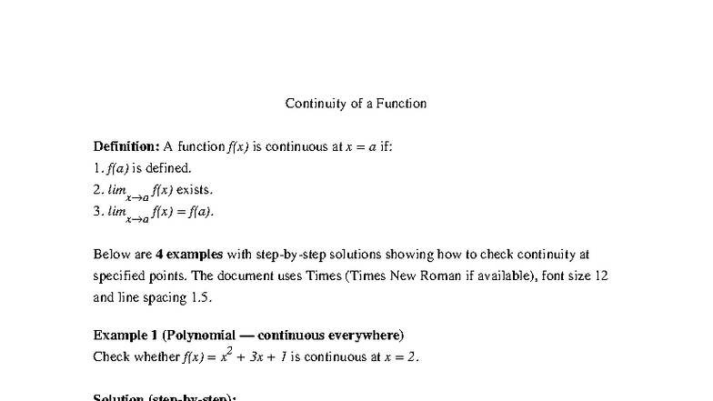 Continuity of a Function Solutions (251122) - Studocu